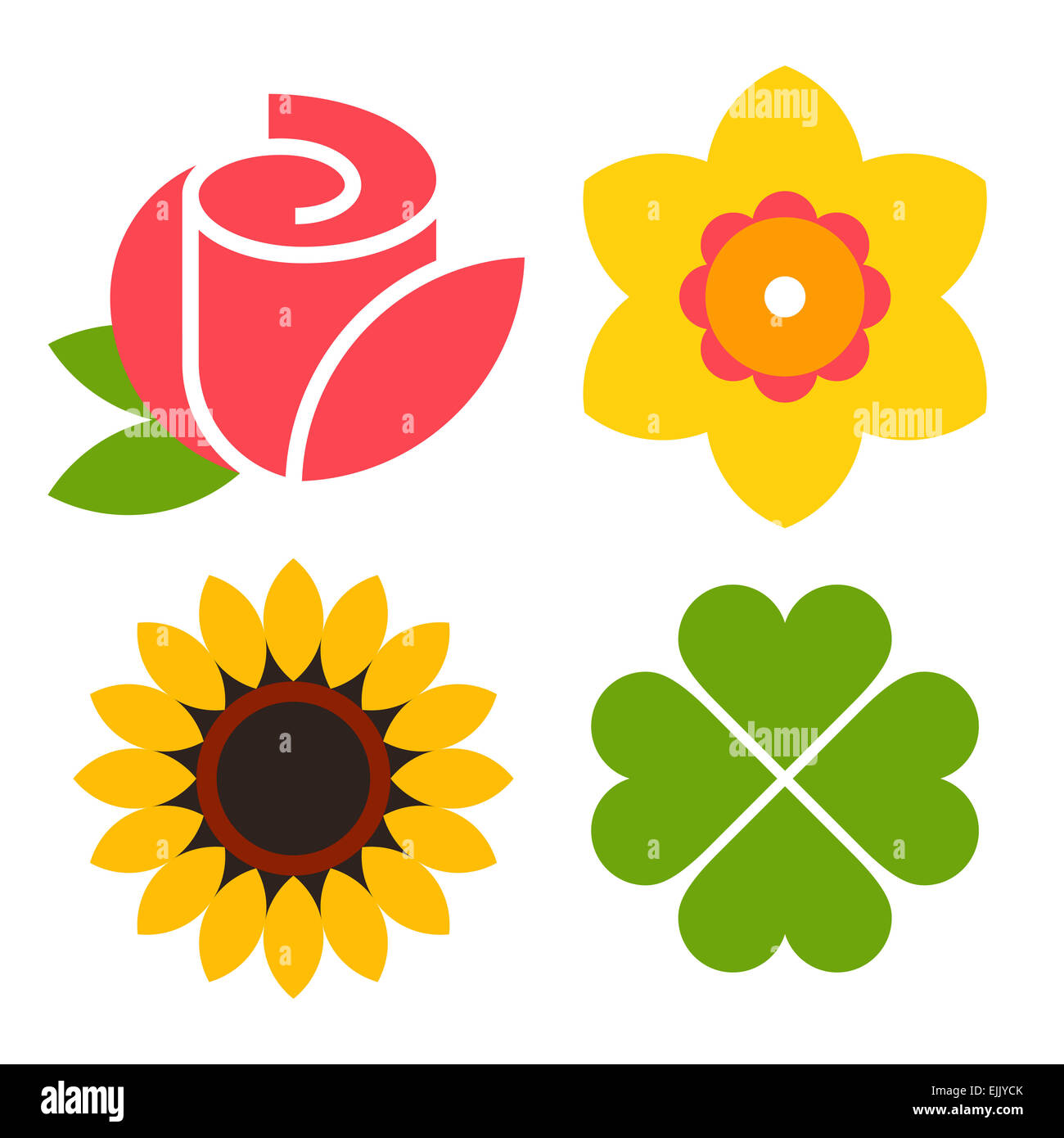 Flower icon set - rose, narcissus, sunflower and clover isolated on ...