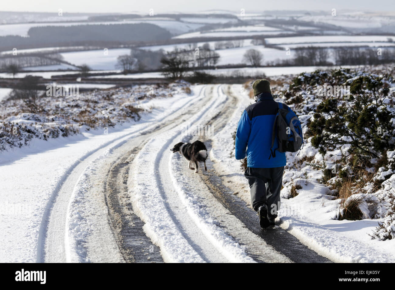 A man and his dog enjoying the winter scenery in Exmoor National Park ...