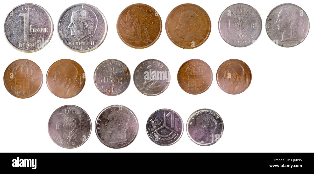 different old belgian coins isolated on white background Stock Photo ...