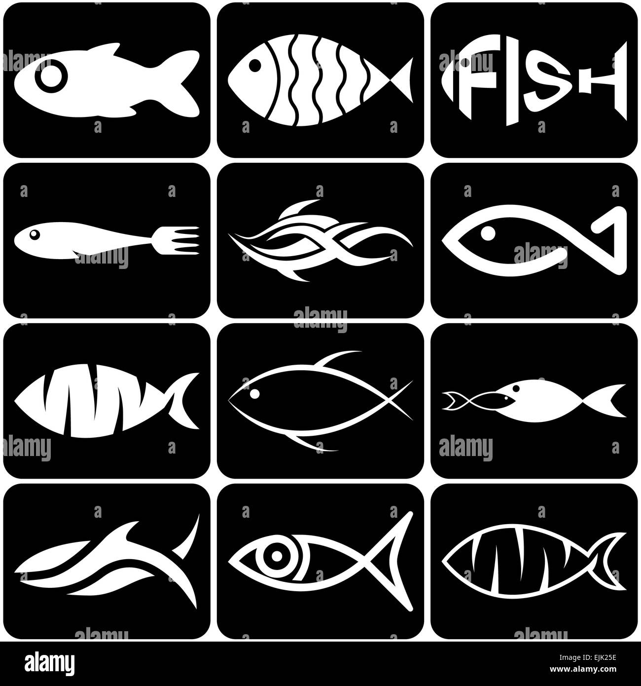 Set of creative white fish icons on black background Stock Photo - Alamy