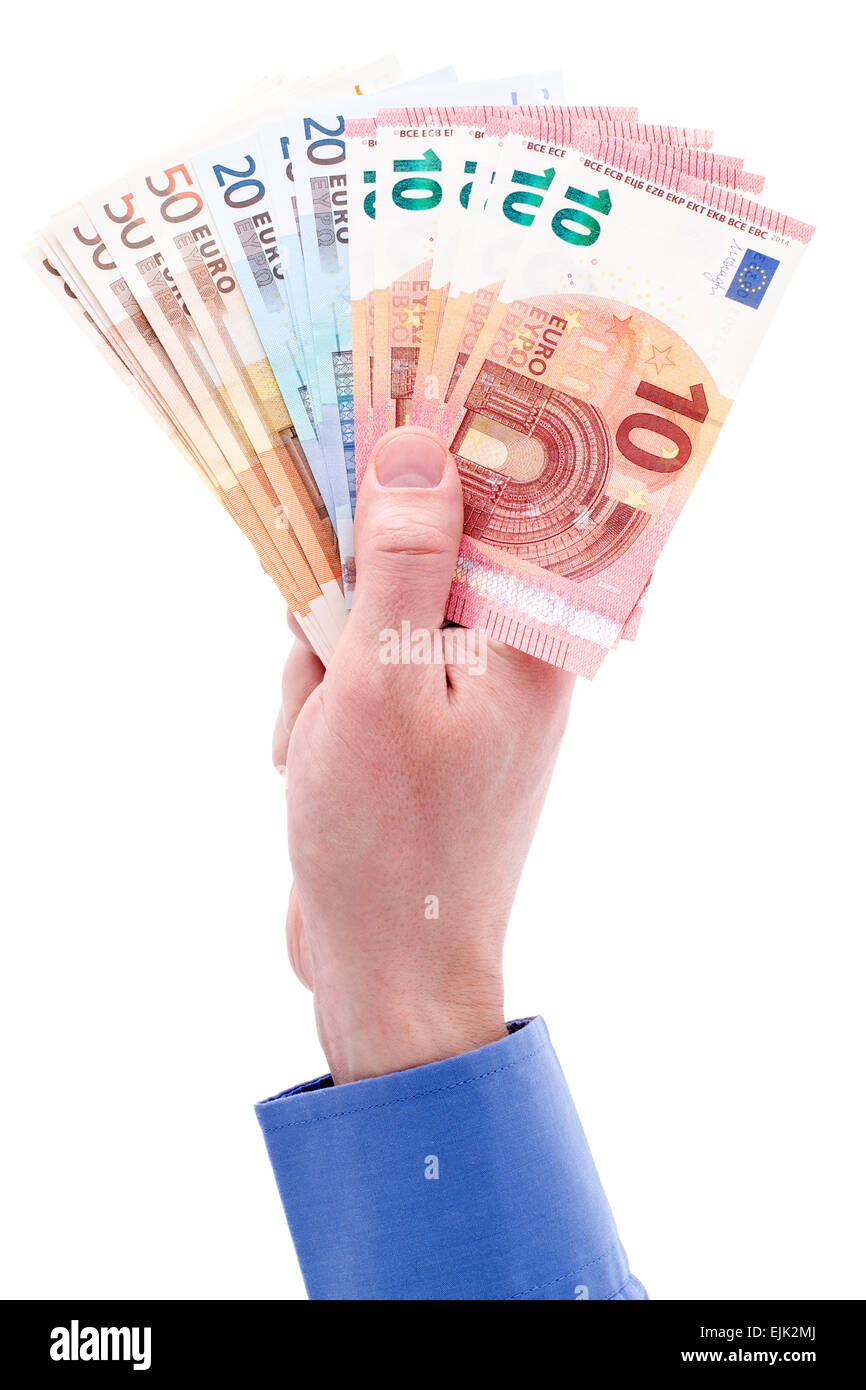 Man hand with euro isolated on white background Stock Photo - Alamy