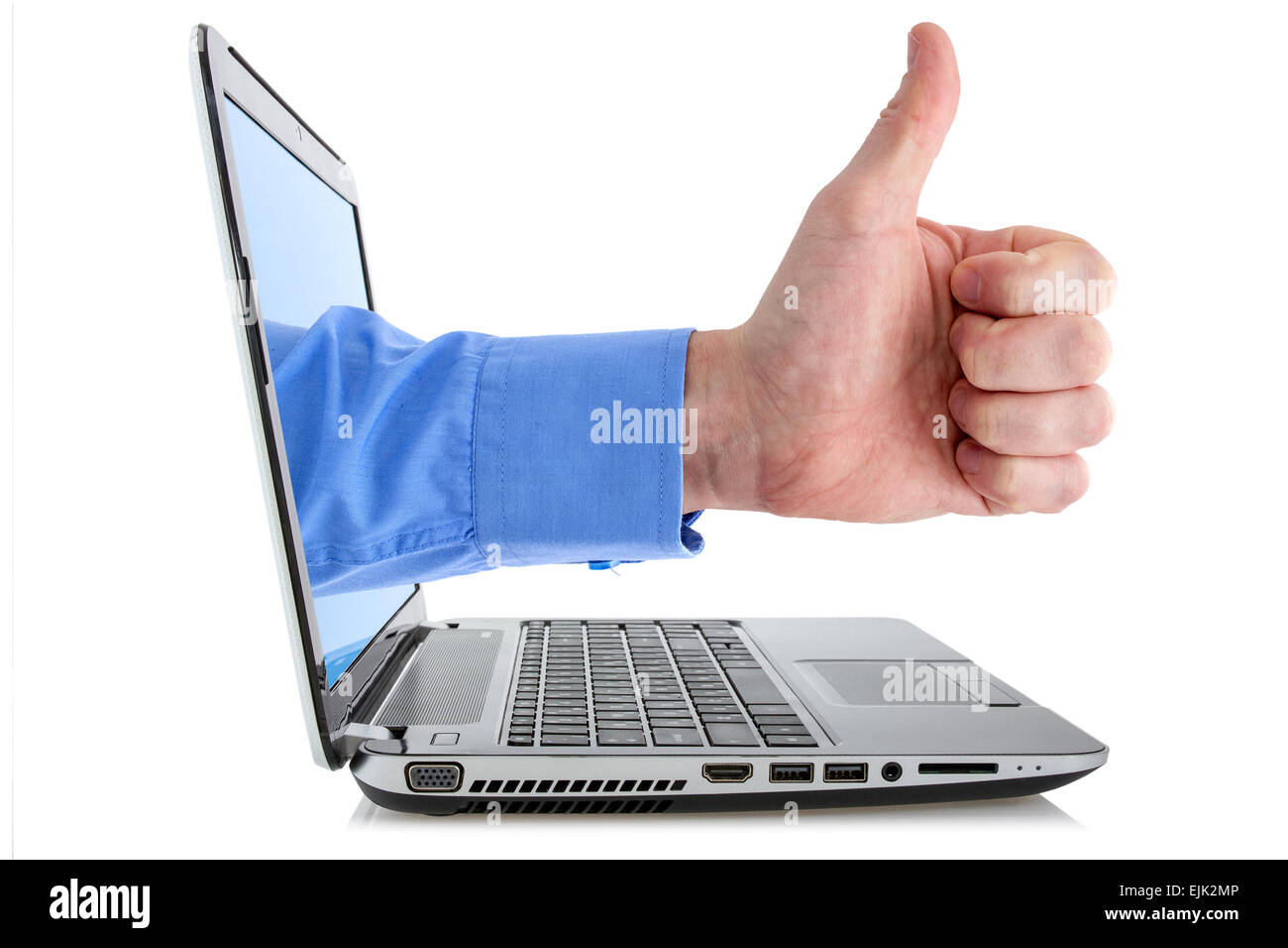 Hand making thumb up coming from laptop screen, isolated on white Stock ...