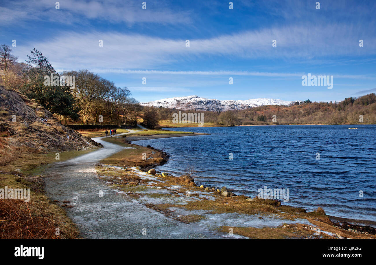 Shore Footpah at Rydal Water and distant snow capped Silver Howe ...