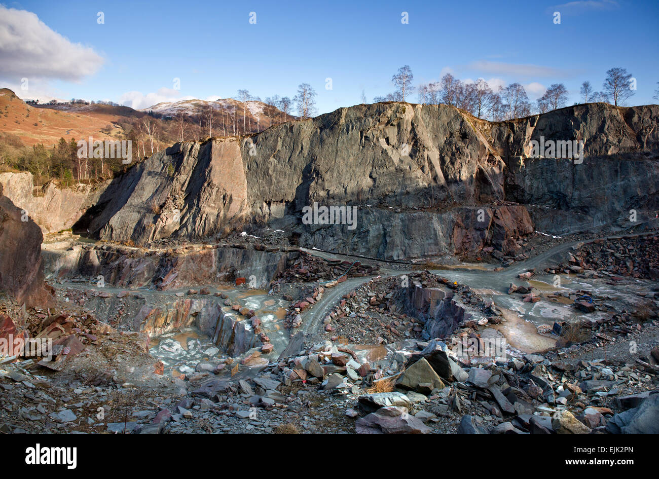 Slate Quarry at the eastern end of The Great Langdale Valley in winter ...