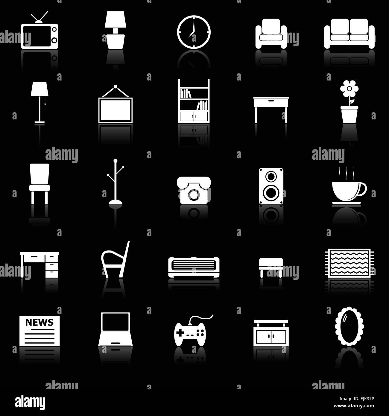 Living room icons with reflect on black background, stock vector Stock ...
