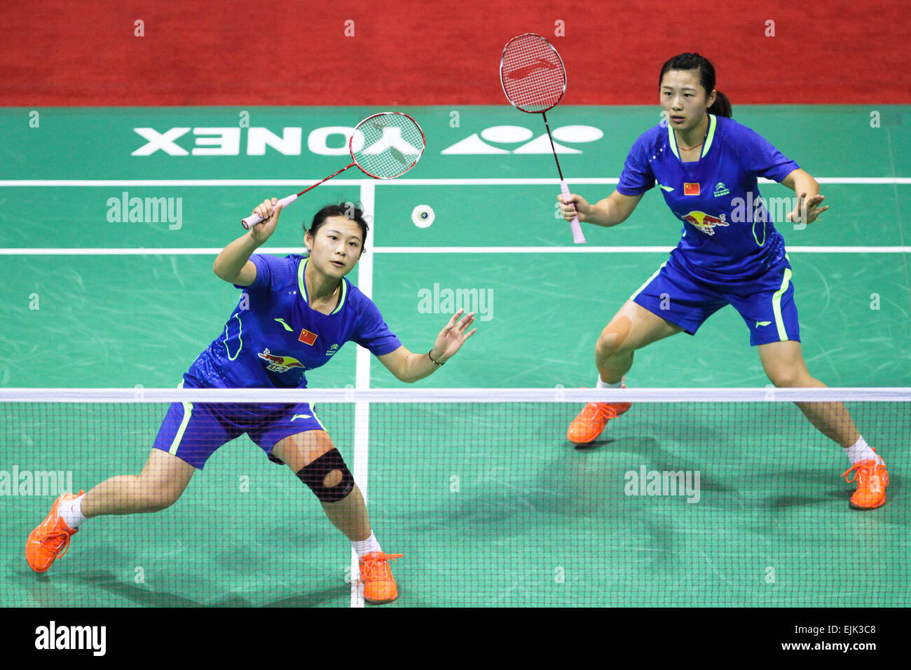 New Delhi, India. 28th Mar, 2015. Luo Ying (L)/Luo Yu of China return a ...