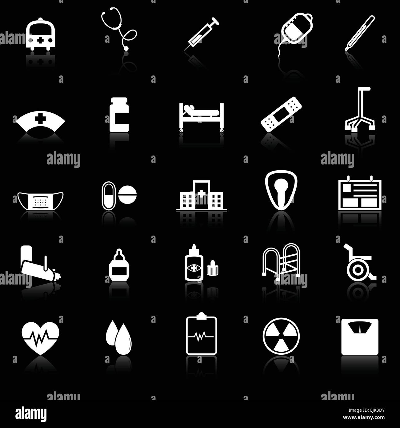 Hospital icons with reflect on black background, stock vector Stock ...