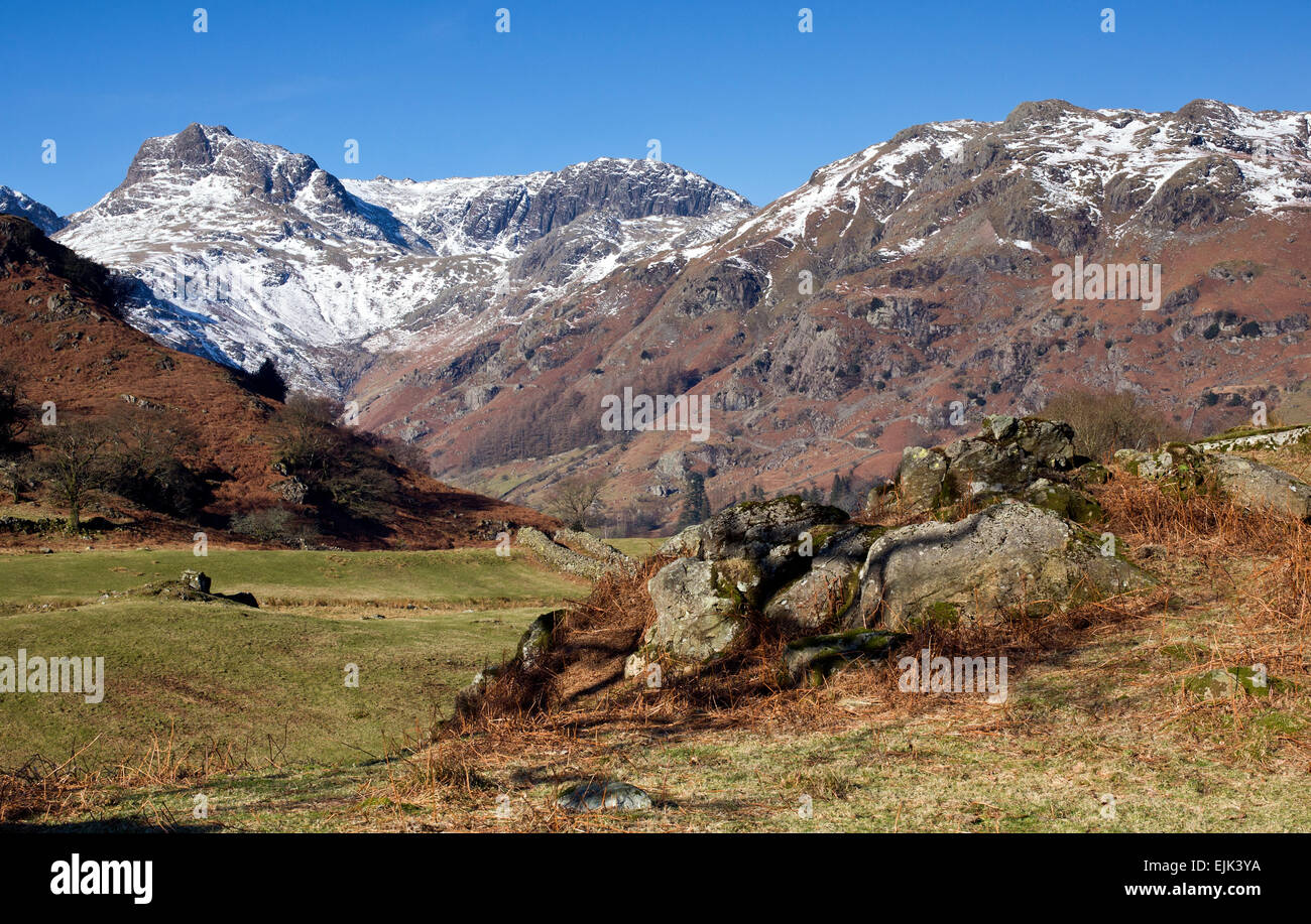 Langdale Pikes seen from Great Langdale valley in winter Lake District ...