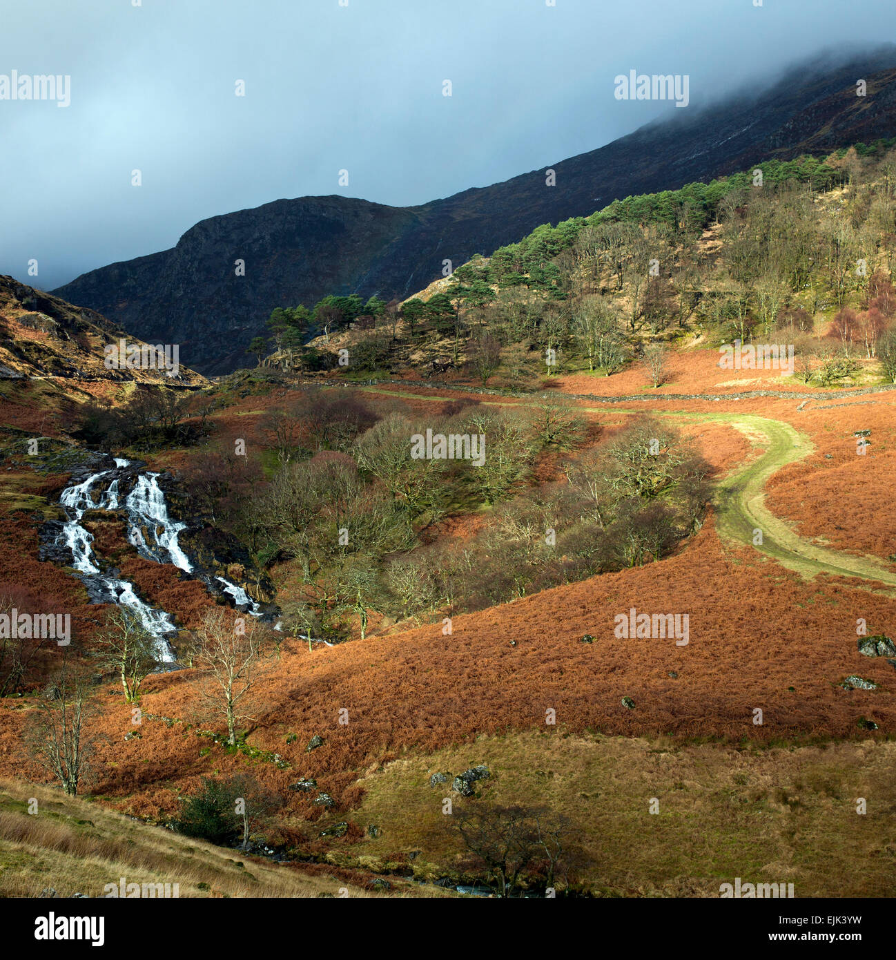 Waterfall at Cwm Llan seen from the Watkin Path to Snowdon in Snowdonia ...