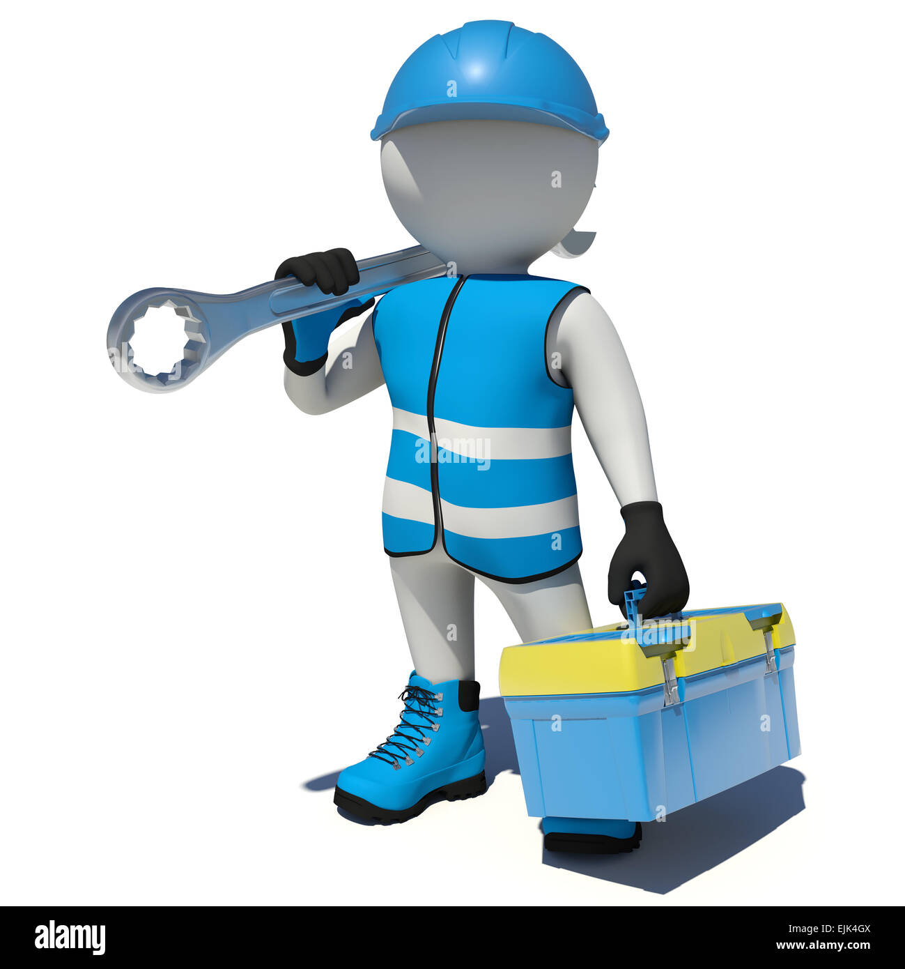 Worker in overalls holding tool box and wrench on his shoulder ...