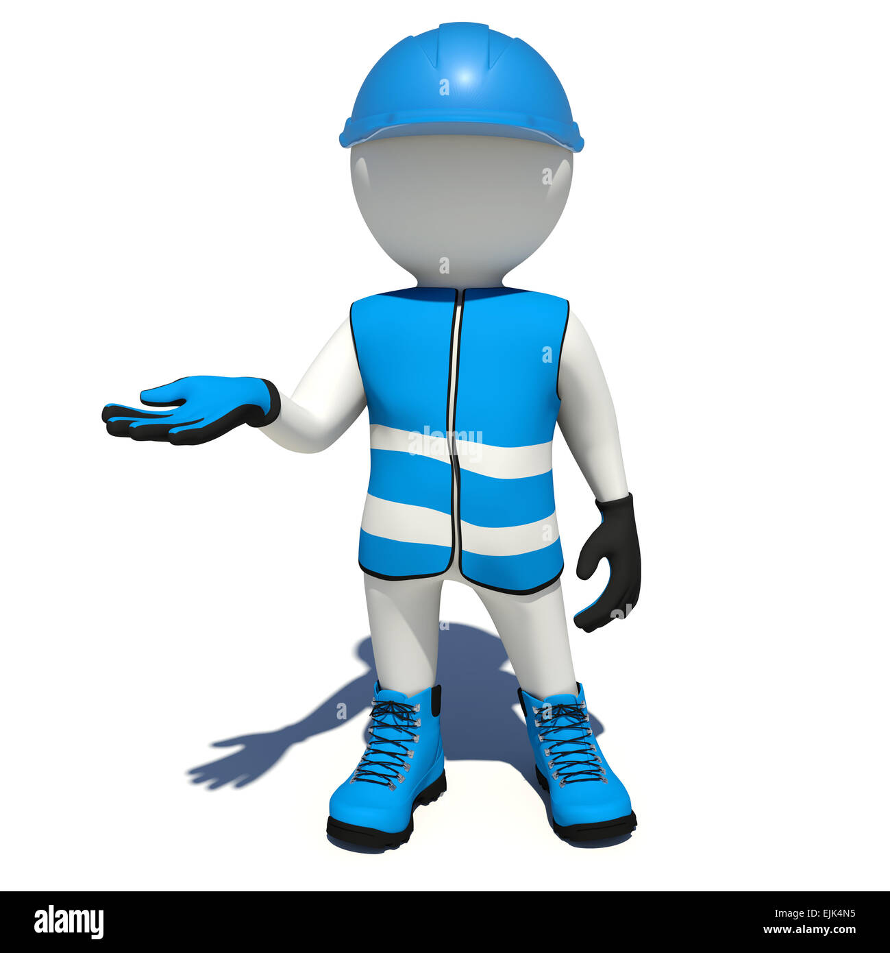 Worker in blue overalls holding empty palm up. Isolated Stock Photo - Alamy
