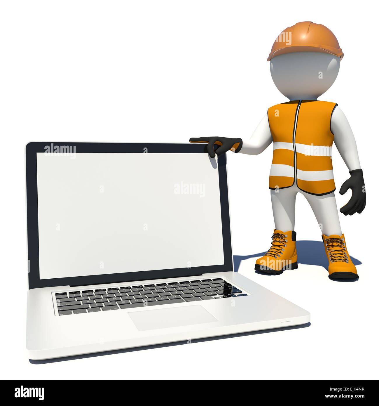 Worker in overalls holding laptop white empty screen. Isolated Stock ...