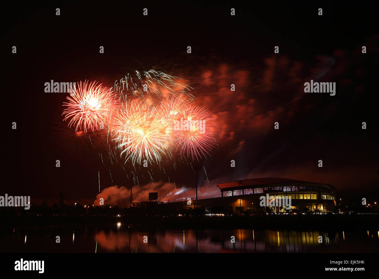 beautiful firework over stadium with sky at night Stock Photo - Alamy