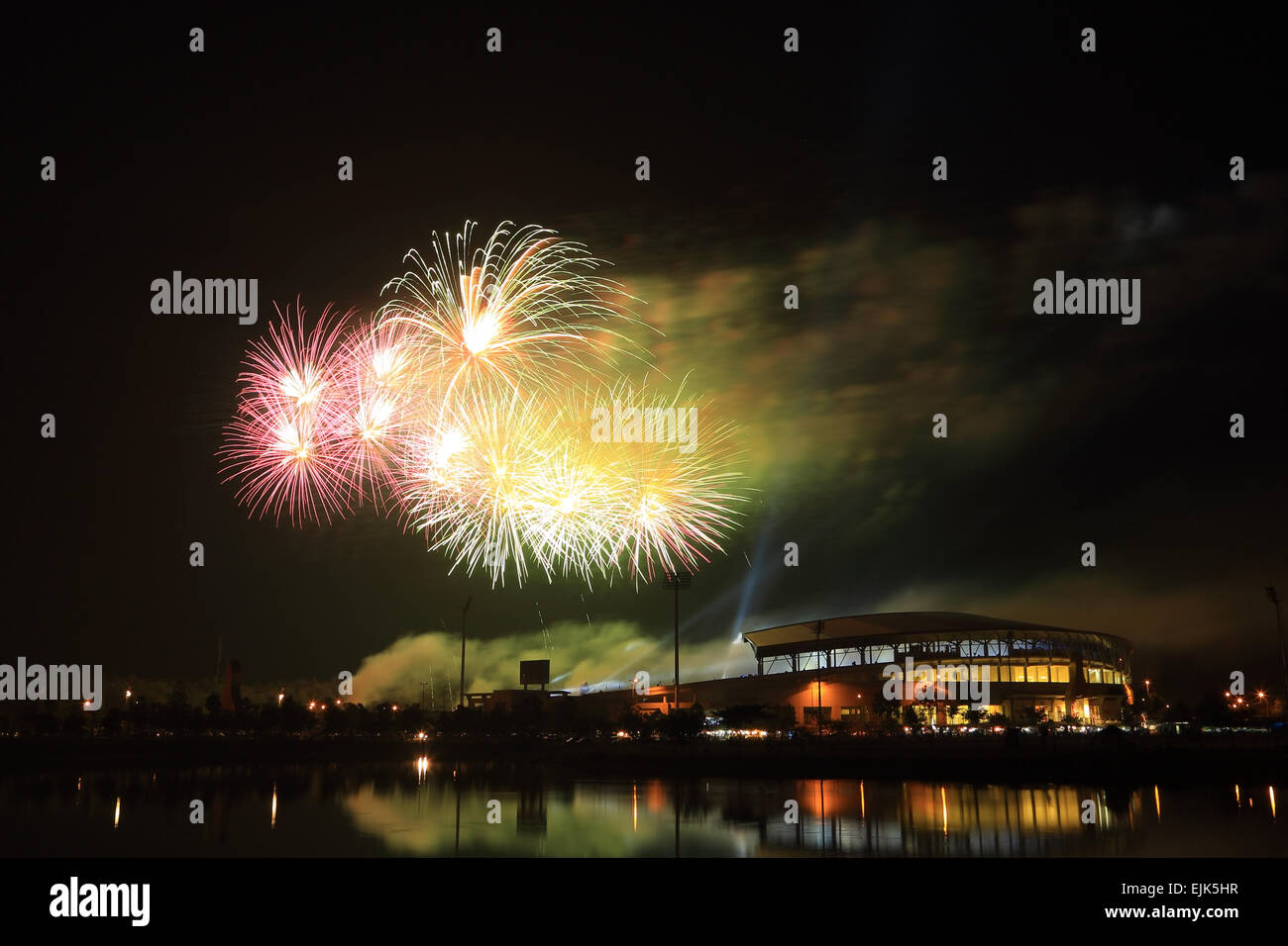 beautiful firework over stadium with sky at night Stock Photo - Alamy