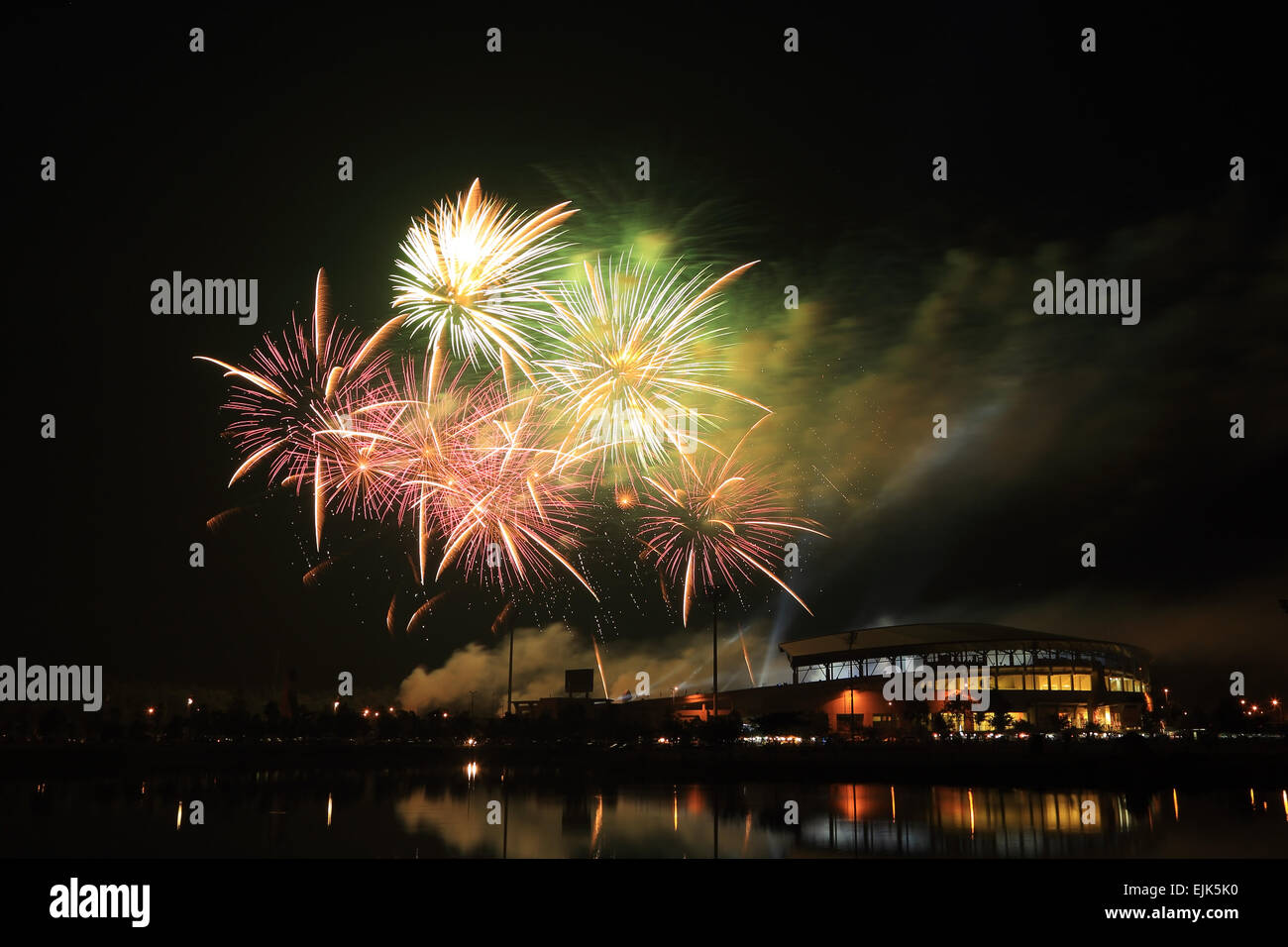beautiful firework over stadium with sky at night Stock Photo - Alamy