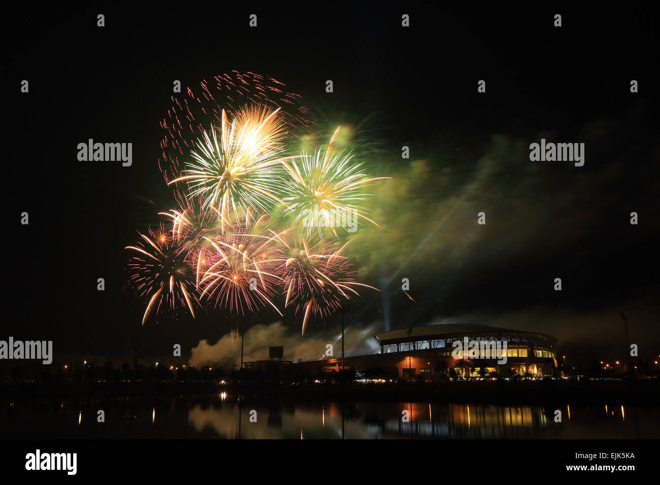 beautiful firework over stadium with sky at night Stock Photo - Alamy