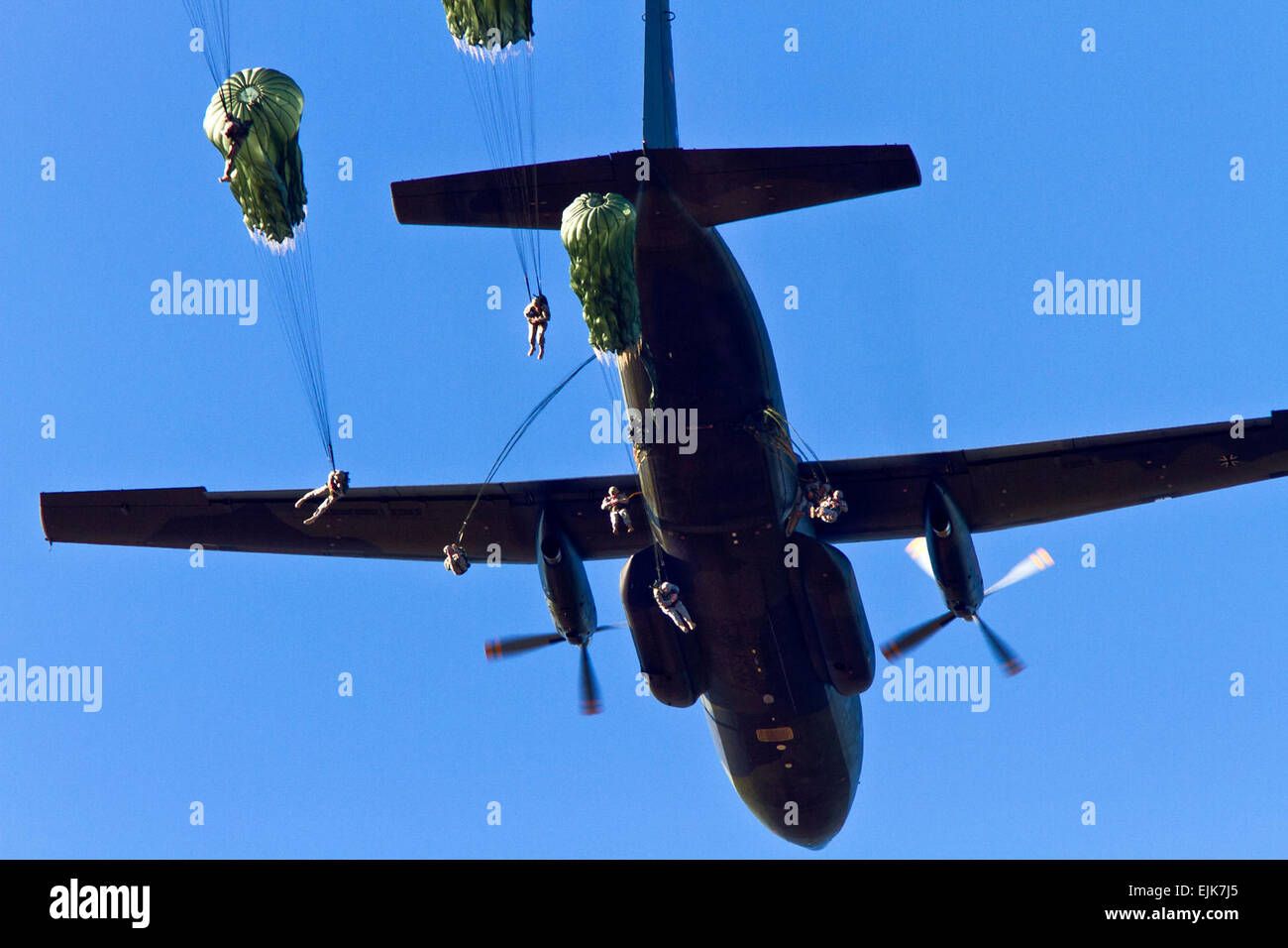 Paratroopers with the 82nd Airborne Division exit a German C-160 ...