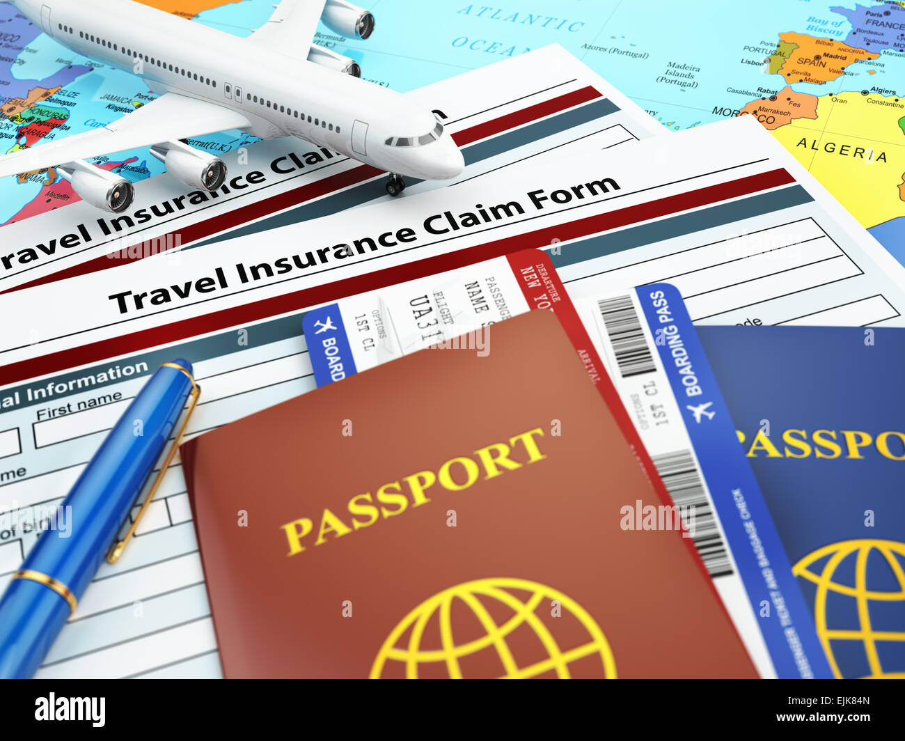 Travel insurance application form, passport and airplane on the map. 3d ...