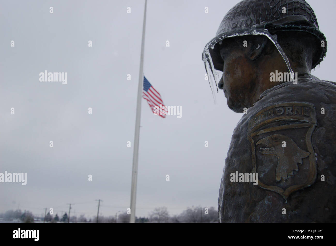A statue of a Screaming Eagle Soldier stands frozen after an early ...