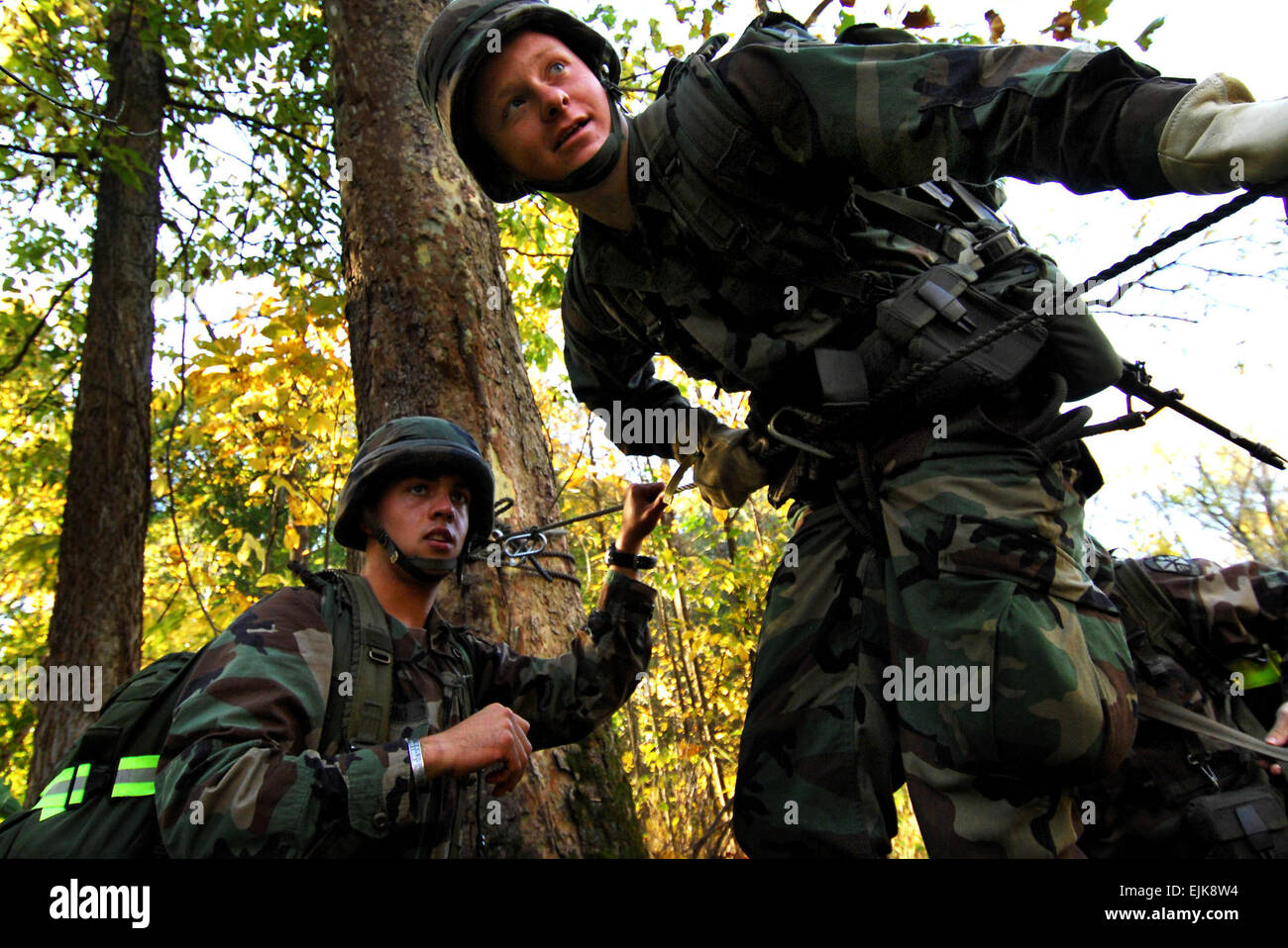 Reserve Officer Training Corps ROTC cadets tighten a rope bridge during ...