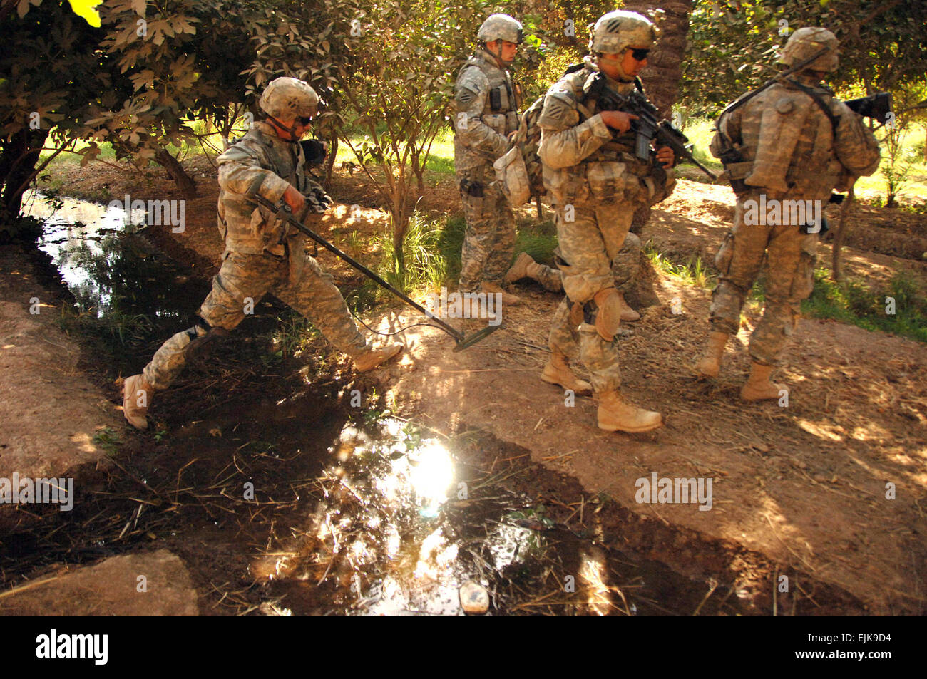 U.S. Army Soldiers patrol through an orchard during a joint cordon and ...
