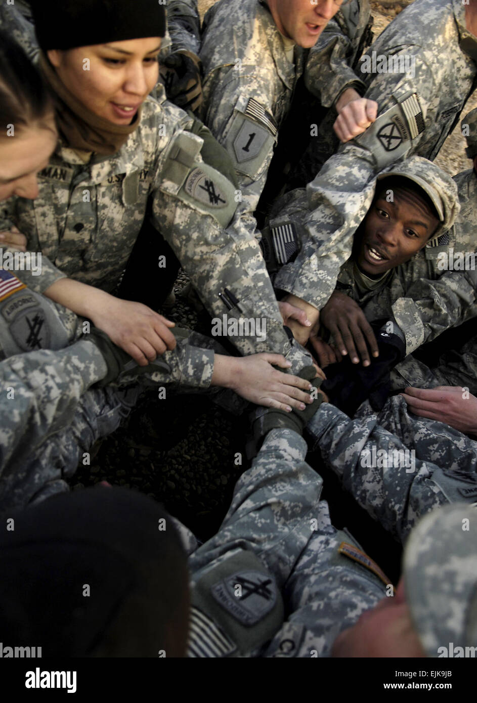 U.S. military personnel from a joint civil affairs team huddle together ...