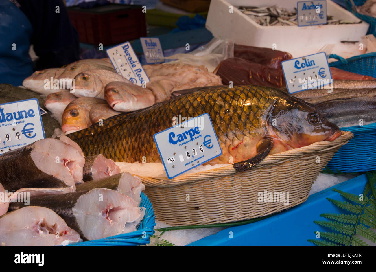 Fishmongers stall, Sunday Market at La Bastille, Parissilver Stock ...
