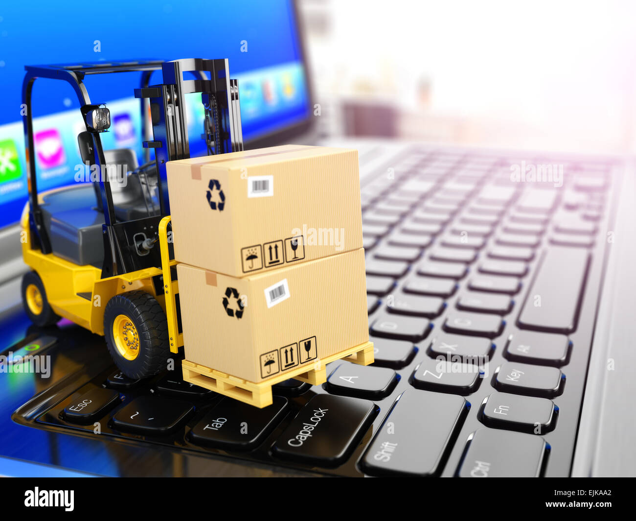 Concept of delivering, shipping or logistics. Forklift on laptop ...