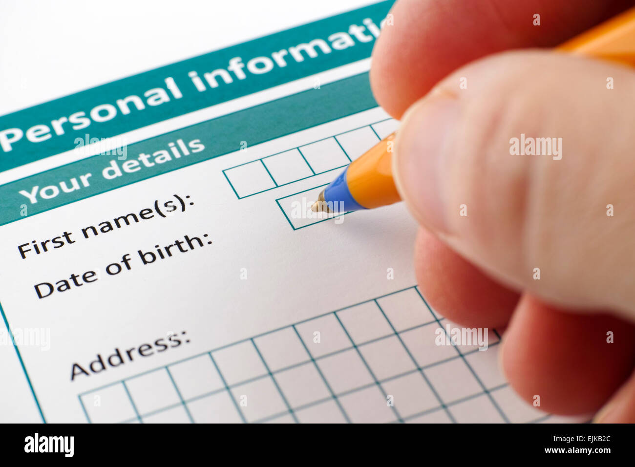 Personal information form and human hand with ballpoint pen Stock Photo ...