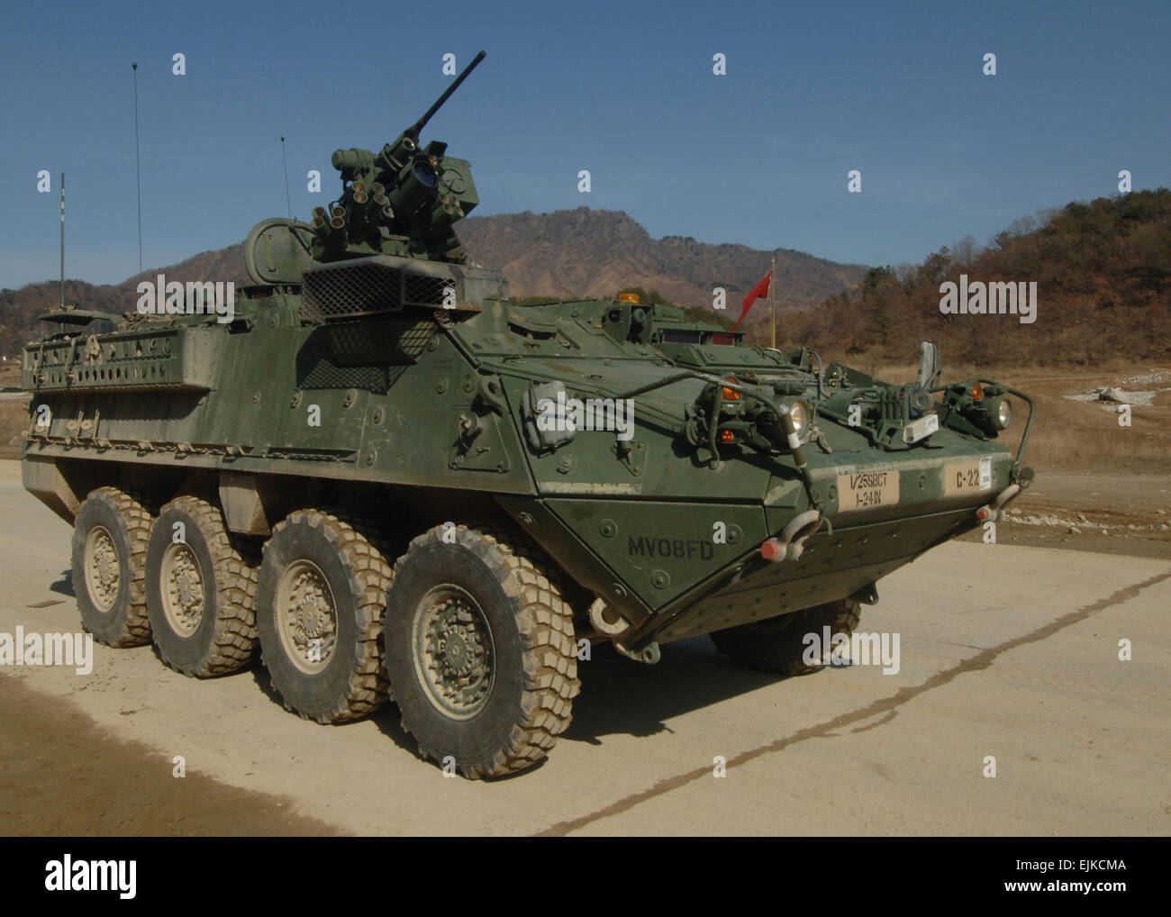 A U.S. Army Stryker armored vehicle stands ready prior to a live-fire ...