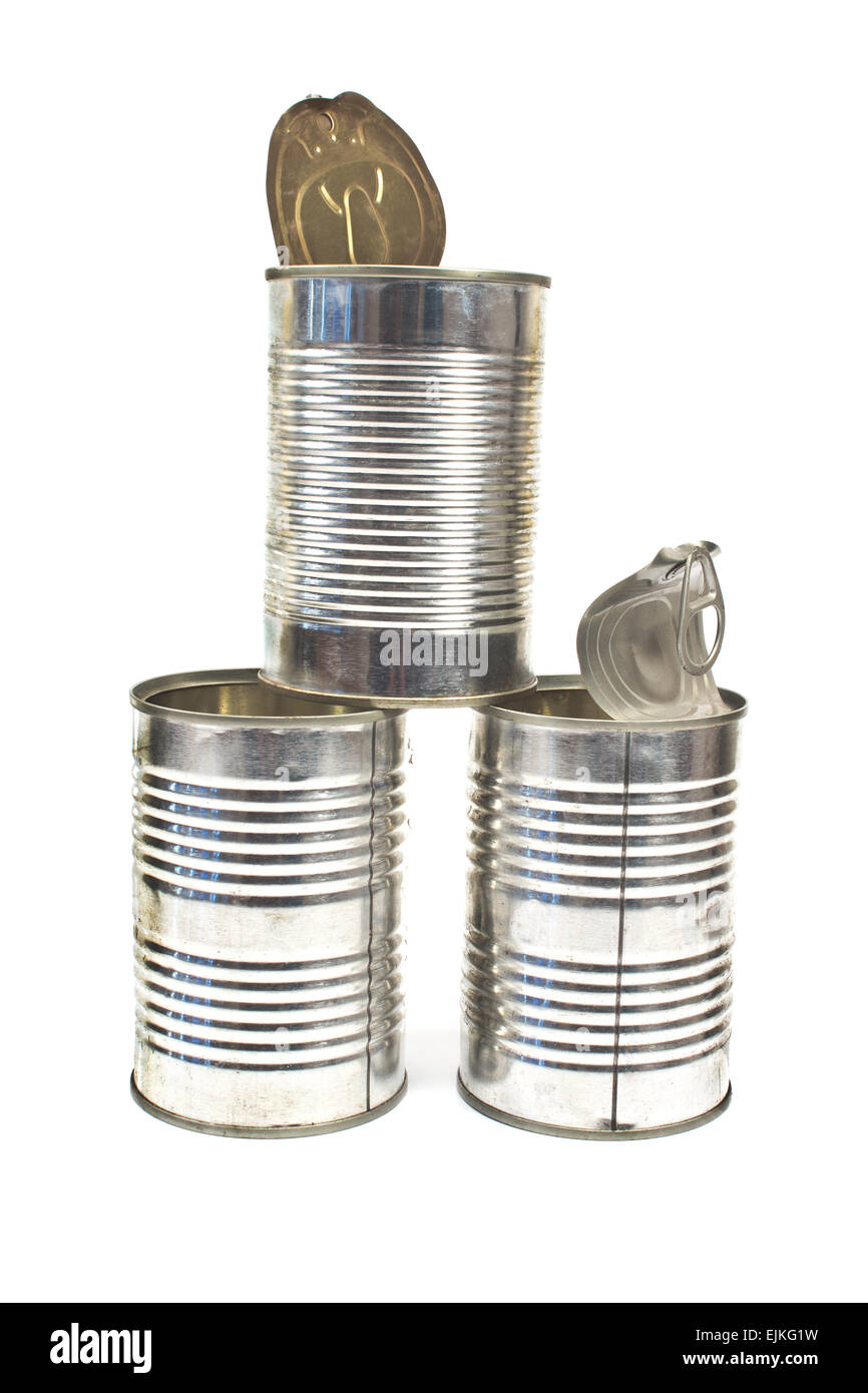 Three open empty tin can isolated on white Stock Photo - Alamy