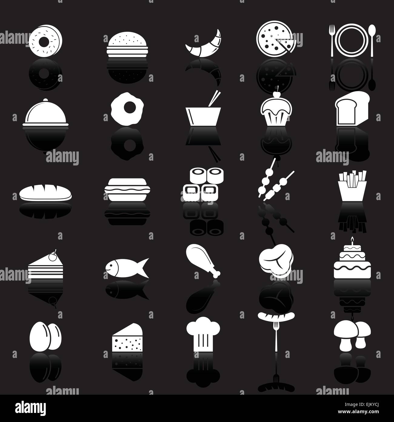Food icons with reflect on black background, stock vector Stock Vector ...