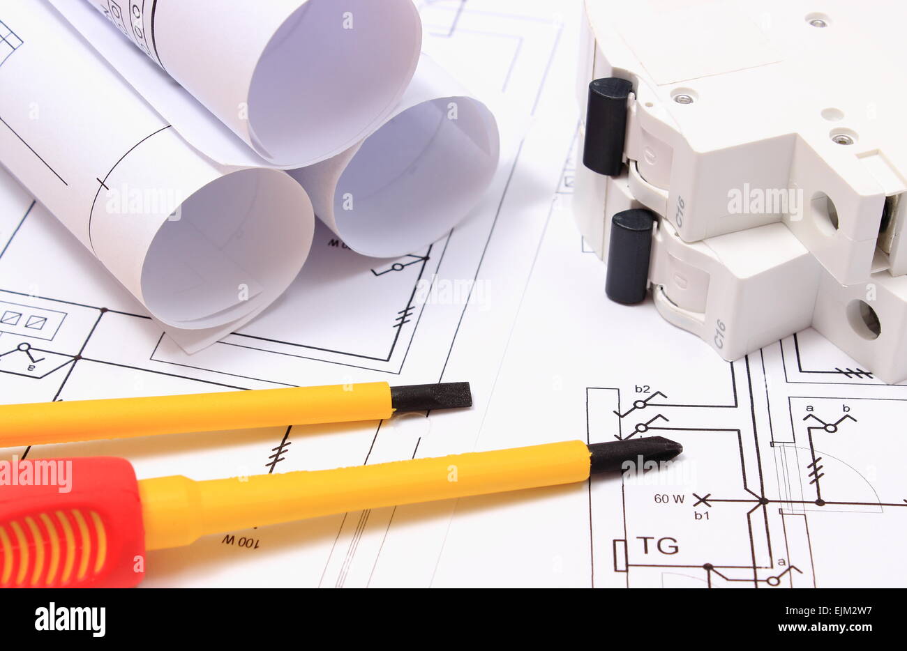 Screwdriver, work tools, rolls of electrical diagrams and electric fuse ...