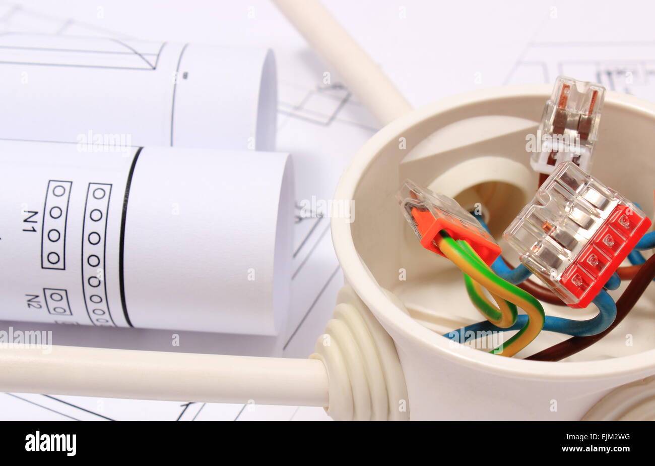 Copper wire connections in electrical box and rolls of electrical ...