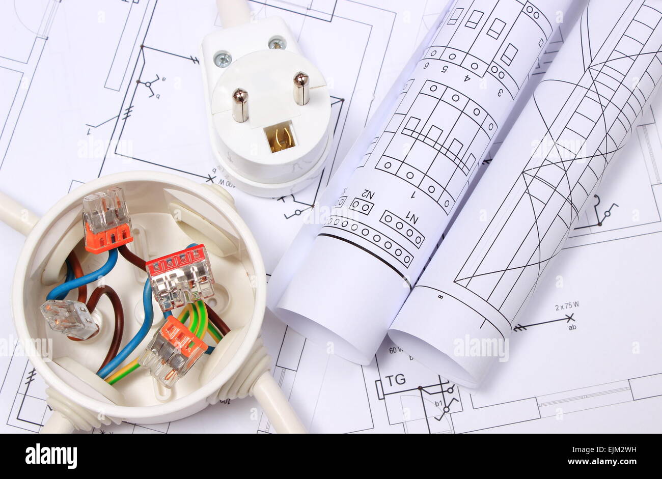 Copper wire connections in electrical box, electric plug and rolls of ...