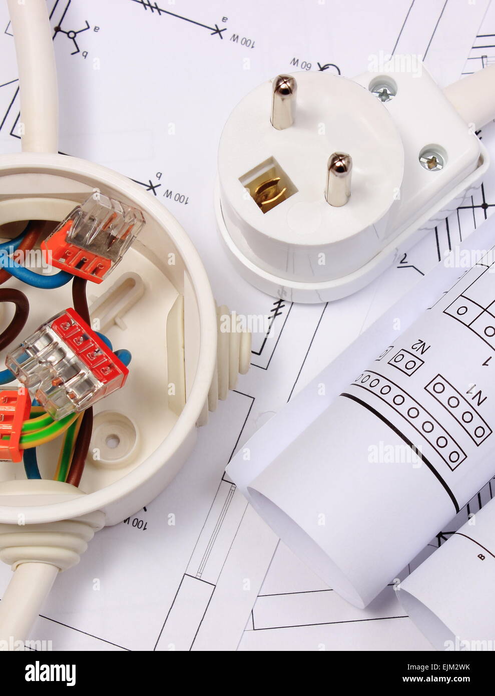 Copper wire connections in electrical box, rolls of electrical diagrams ...