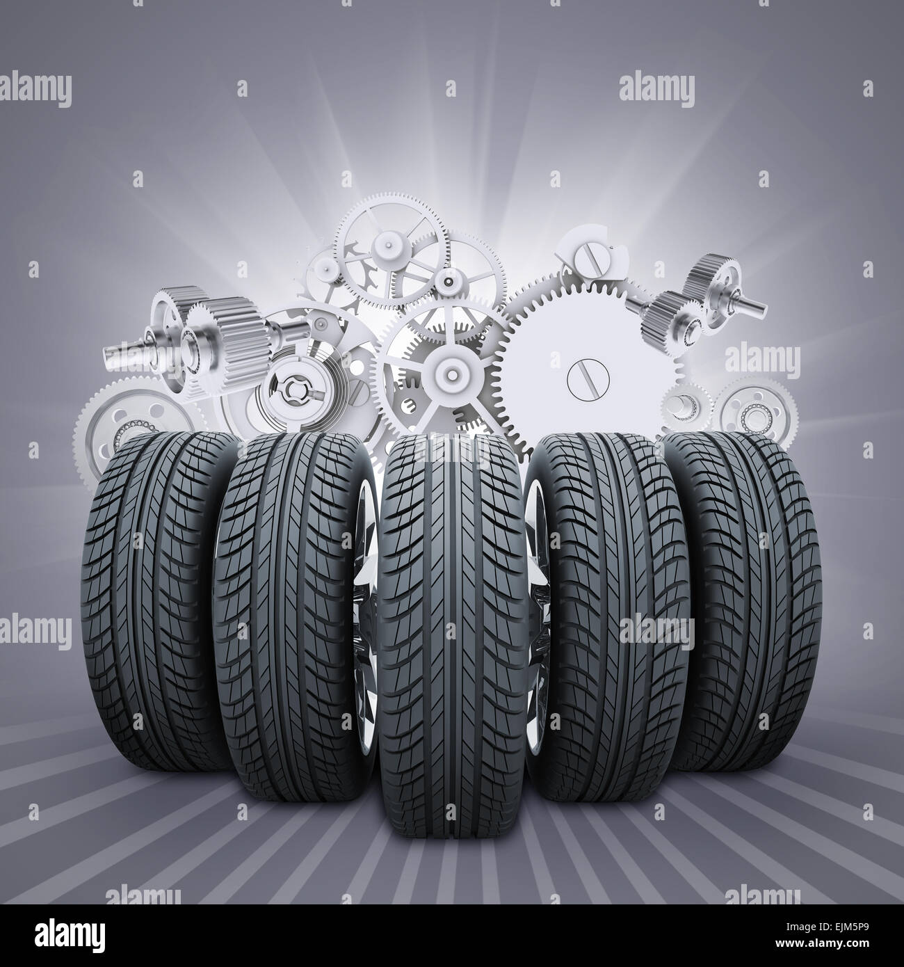 Wedge of new car wheels. White gears with stripes at bottom Stock Photo ...