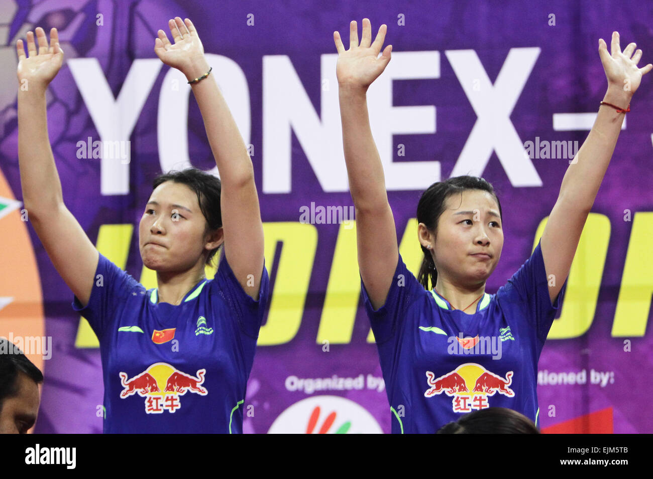 New Delhi, India. 29th Mar, 2015. Luo Ying (L)/Luo Yu of China wave to ...