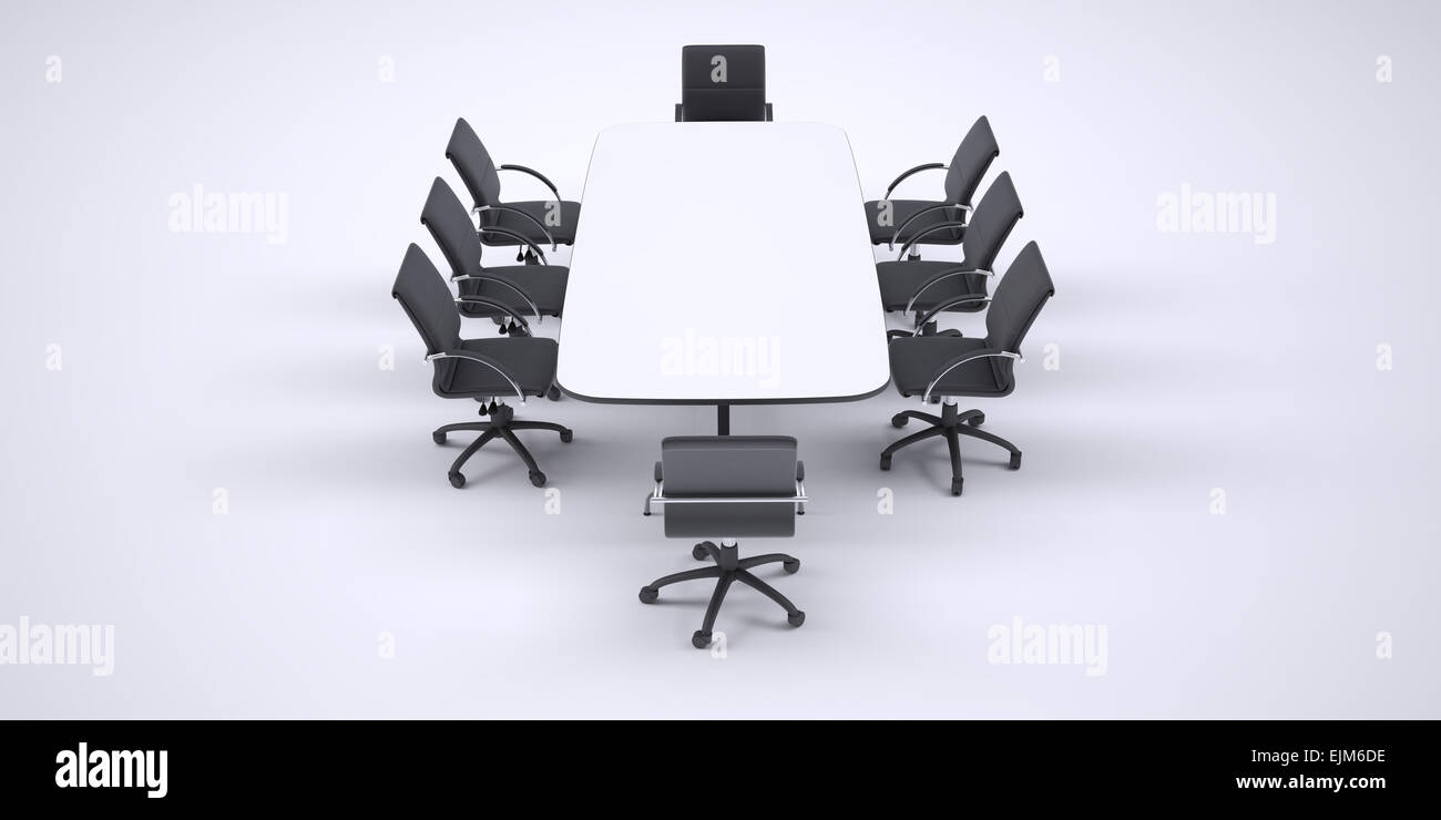 Big conference table and eight black office chairs Stock Photo - Alamy