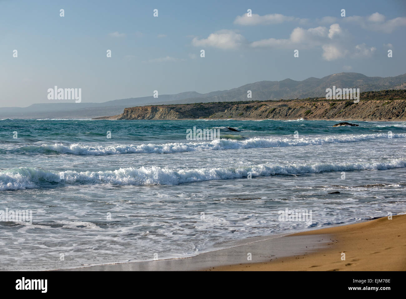 Sea waves in bay on coast of Cyprus National park Akamas peninsula ...