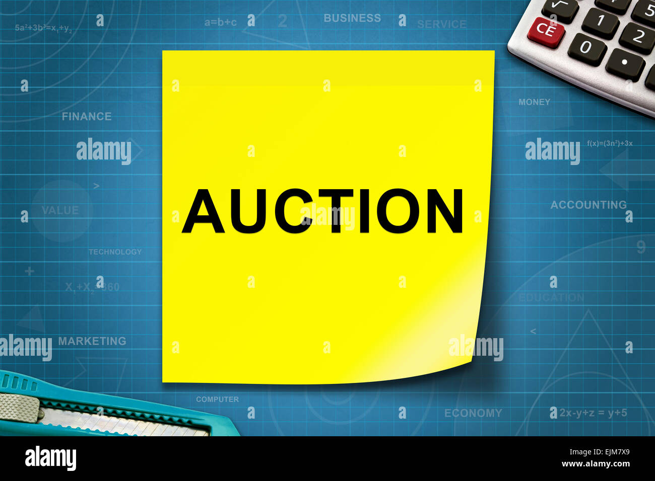 Auction text on yellow note with graph paper Stock Photo - Alamy