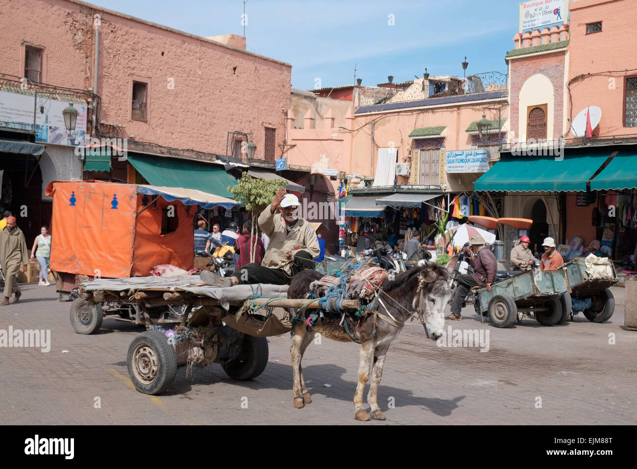 Moroccan man with his donkey-drawn cart in the medina of Marrakech ...