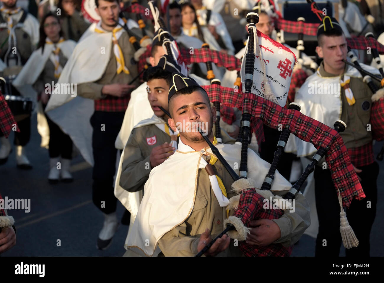 Israel, Jerusalem 29th March. Palestinian Orthodox Scouts play bagpipes ...