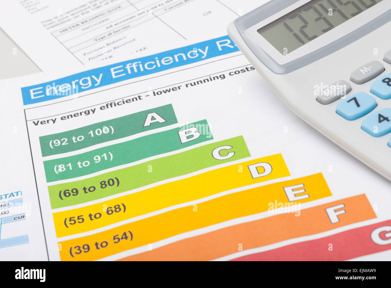 Colorful energy efficiency chart and calculator Stock Photo - Alamy