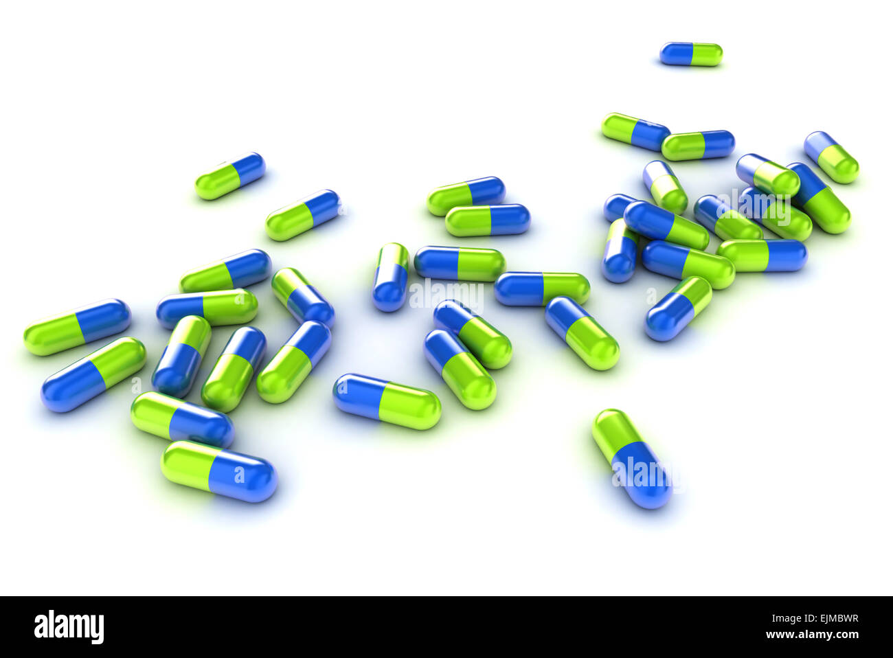 An Illustration of a Group of Green and Blue Medical Pills on a white ...