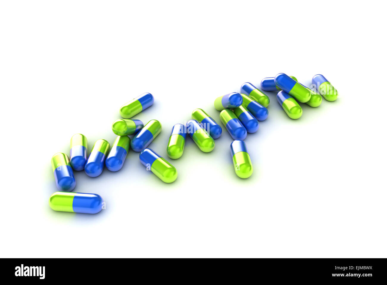 An Illustration of a Group of Green and Blue Medical Pills on a white ...