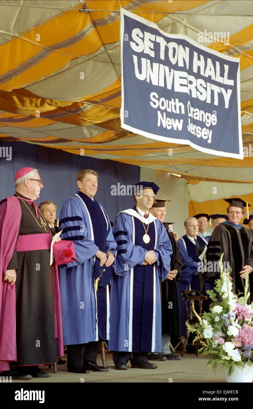 US President Ronald Reagan during the commencement ceremony at Seton ...