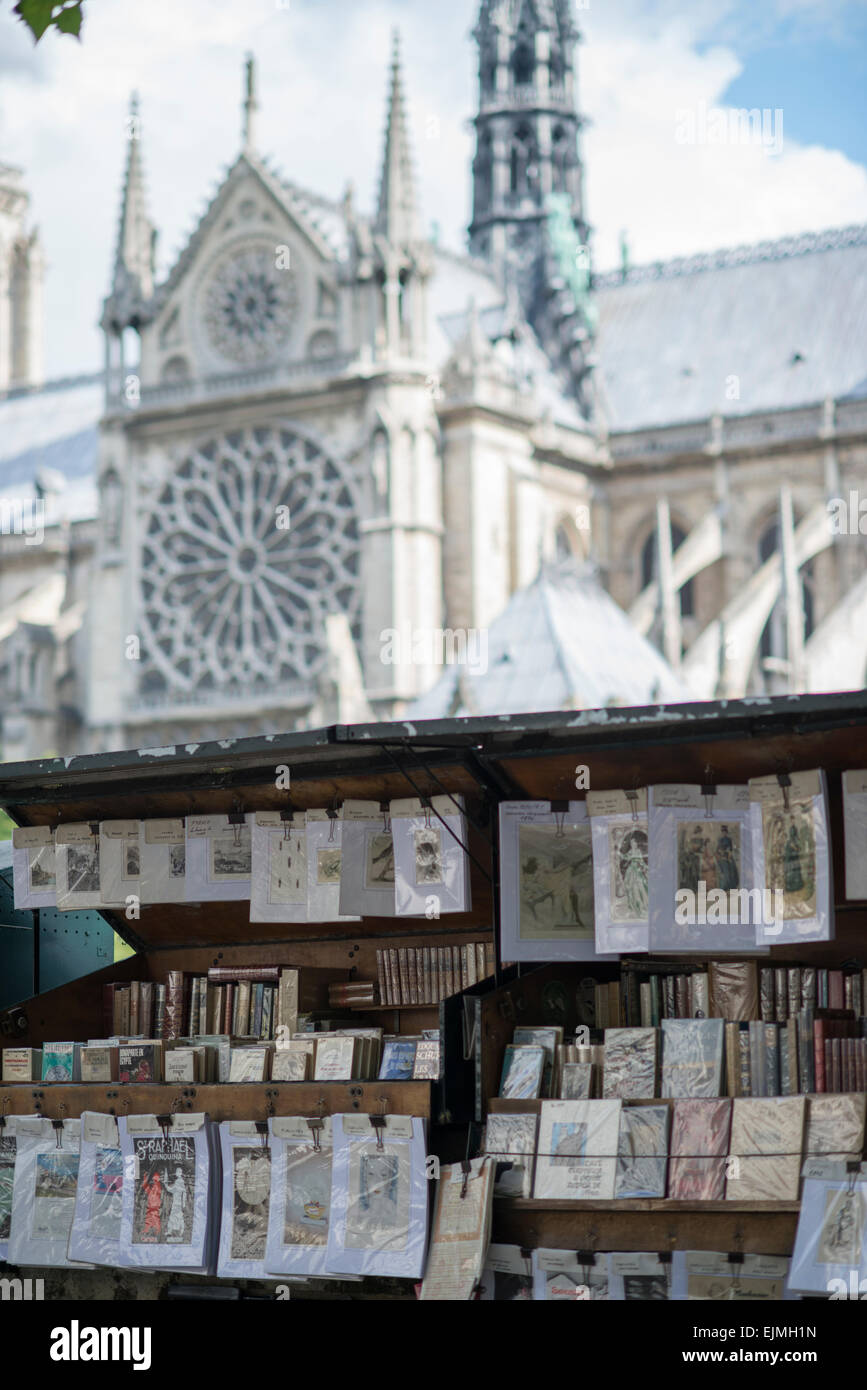 Outdoor vintage booksellers, bouquinistes, in front of Notre Dame along ...