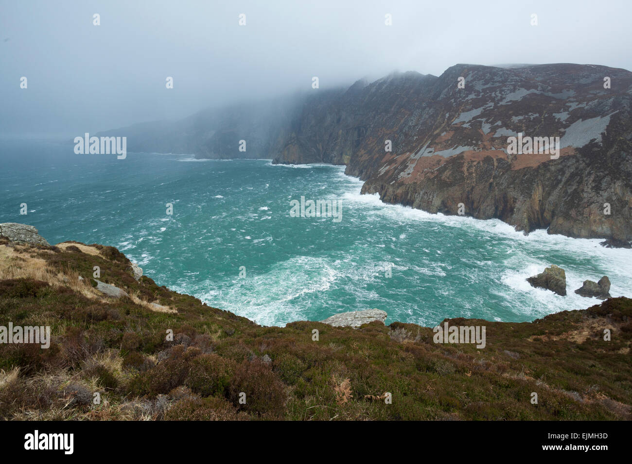 Rain approaching the Slieve League cliffs in Co. Donegal, in the ...