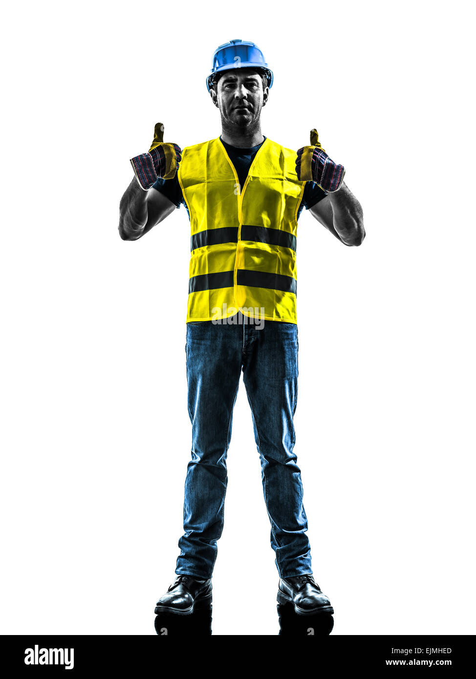 one construction worker signaling up silhouette isolated in white ...